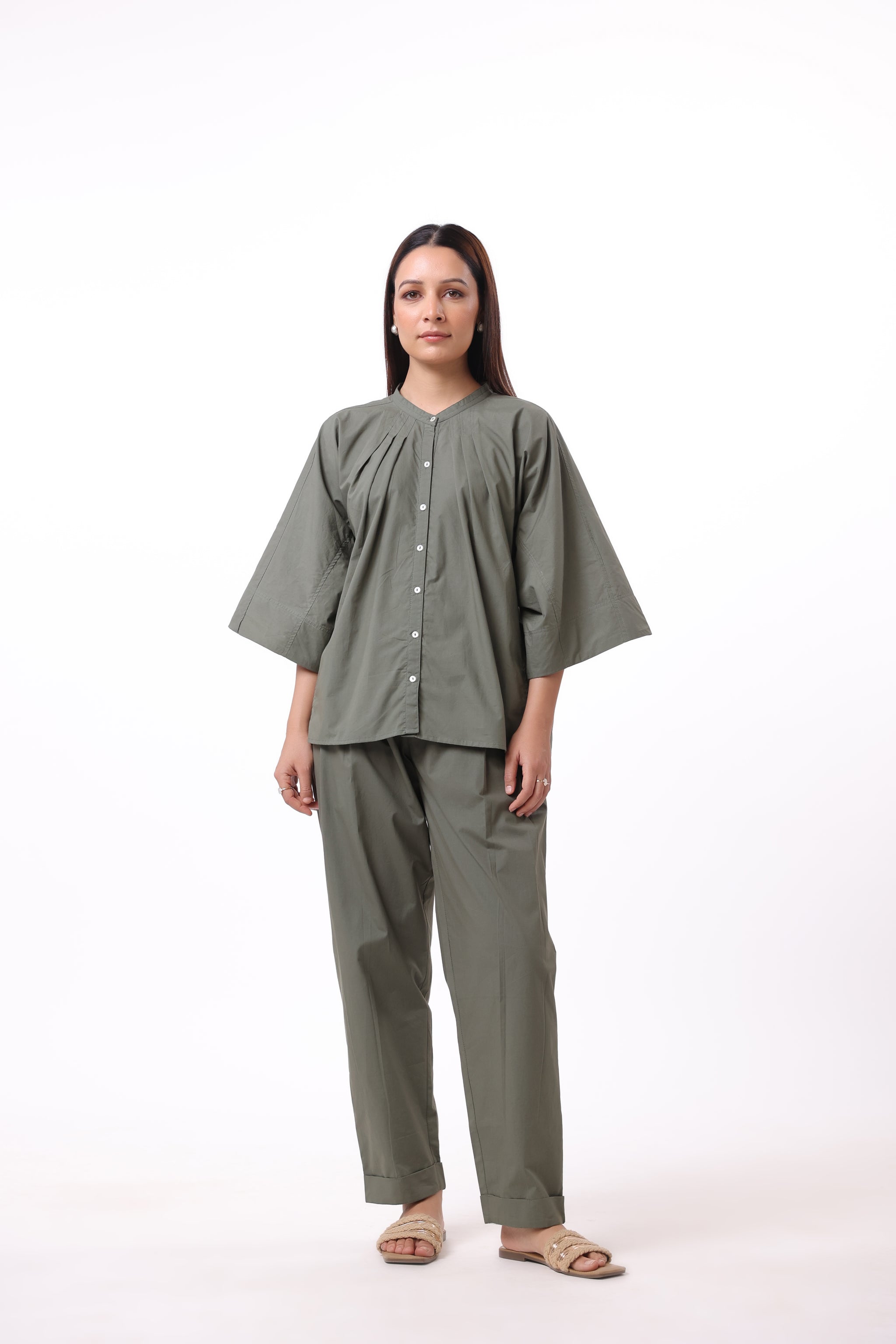 MUUN Women Green Solid Cotton Top & Pant Co-Ord Set