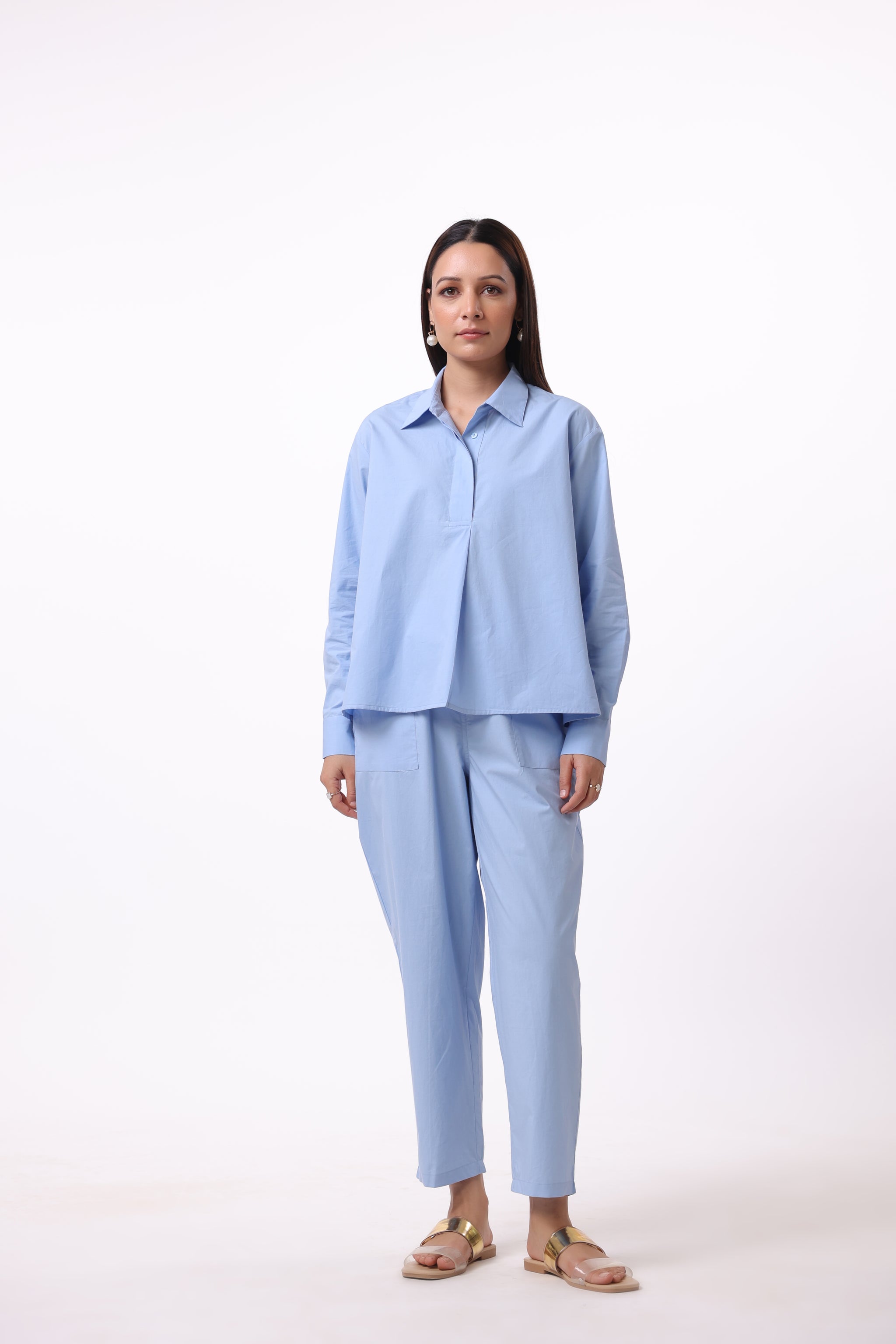 MUUN Women Blue Solid Cotton Top & Pant Co-Ord Set