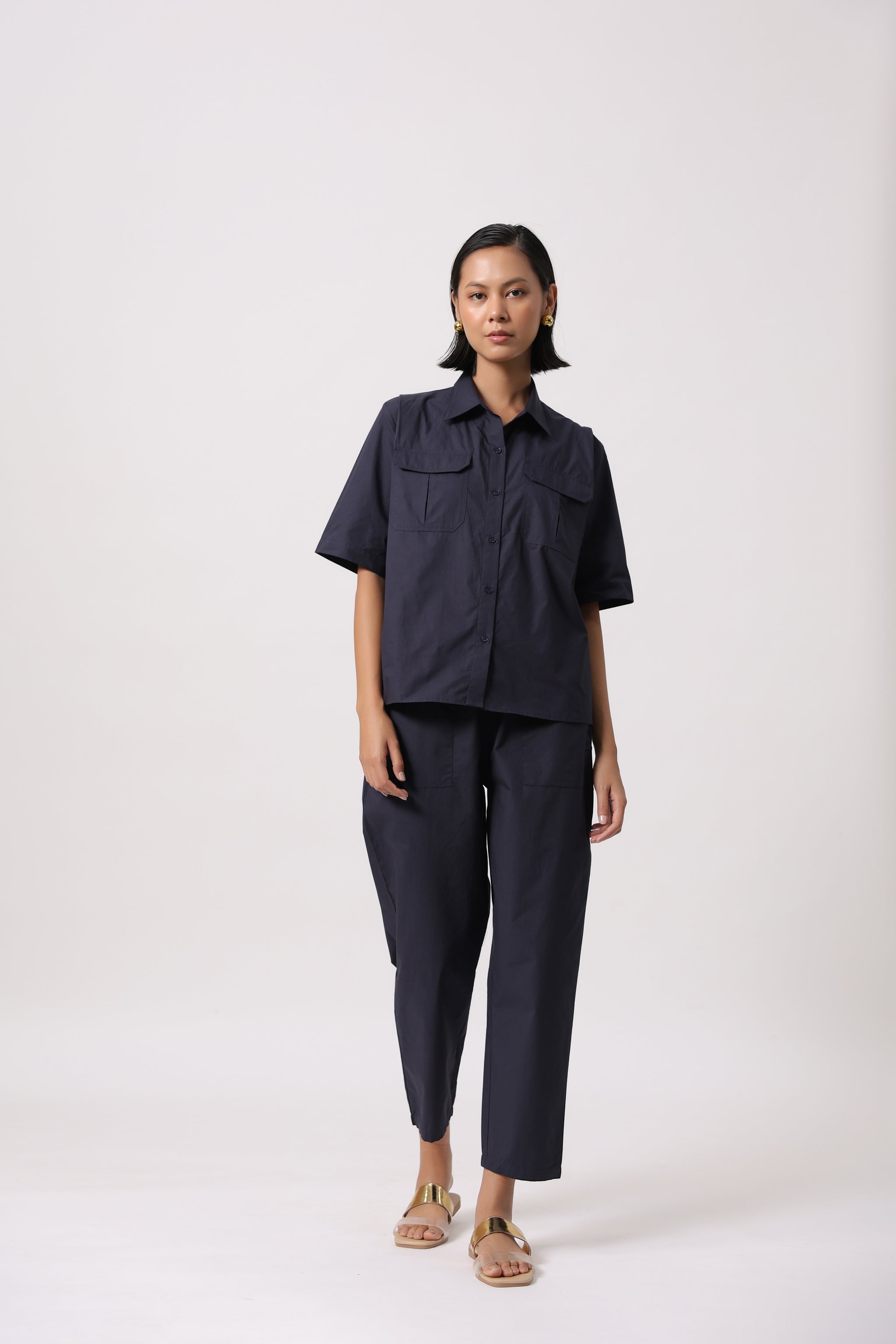 MUUN Women Navy Solid Cotton Half Sleeve Shirt Collar Co-Ord Set