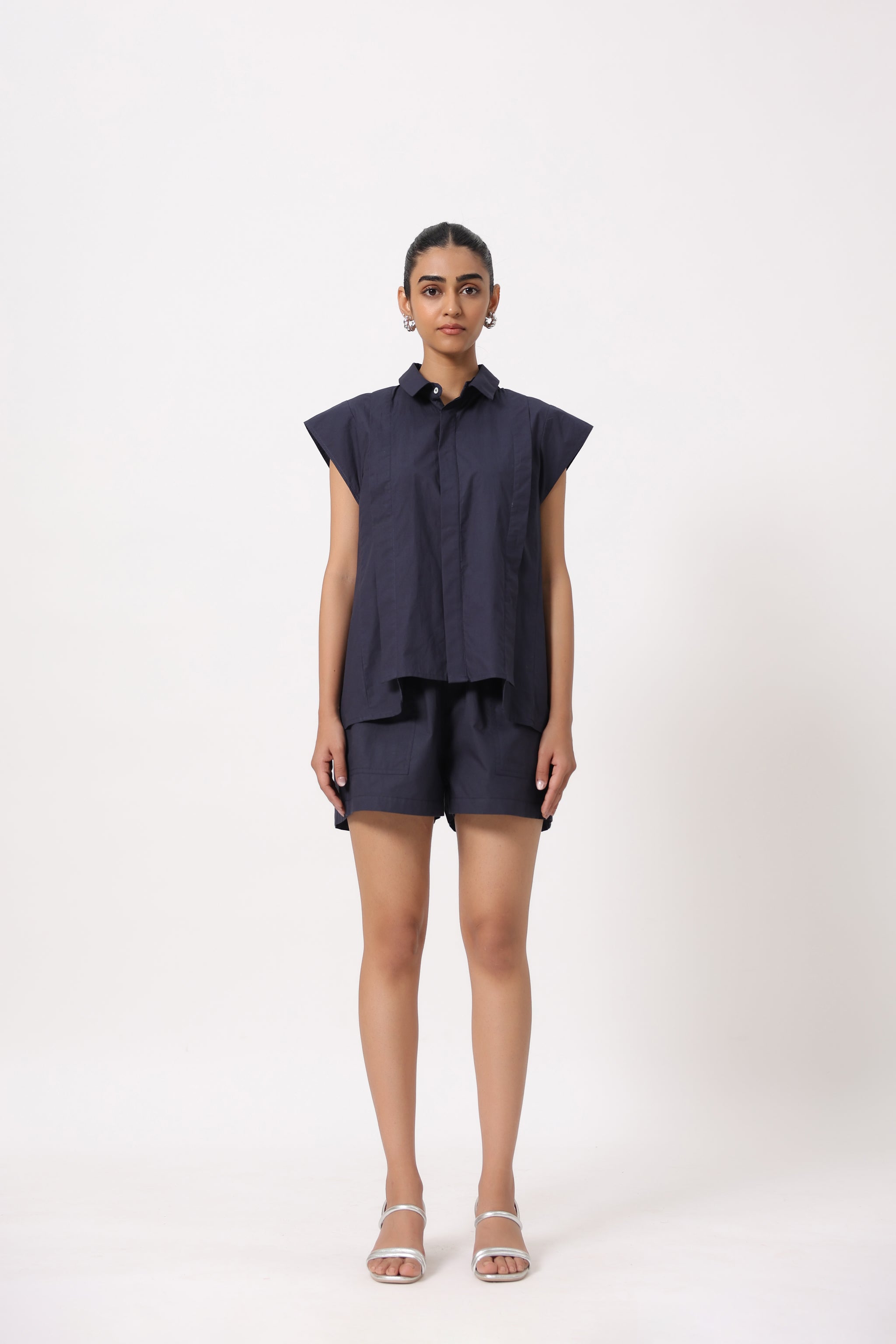 MUUN Women Navy Solid Cotton Short Sleeve Shirt Collar Co-Ord Set