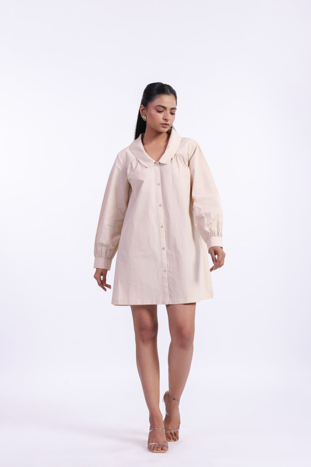 MUUN Women's Beige Solid Cotton Dress
