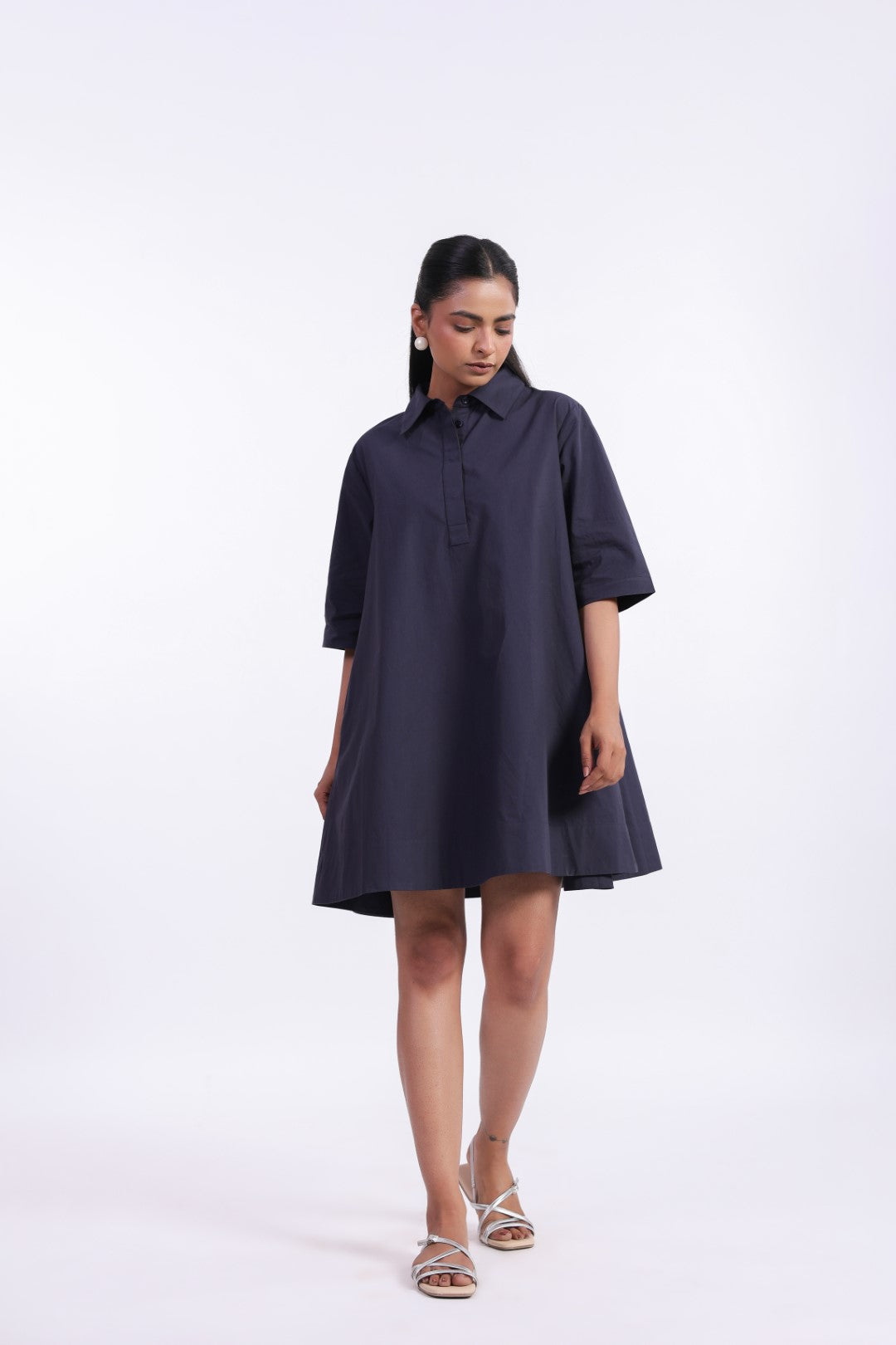 MUUN Women's Navy Solid Cotton Dress